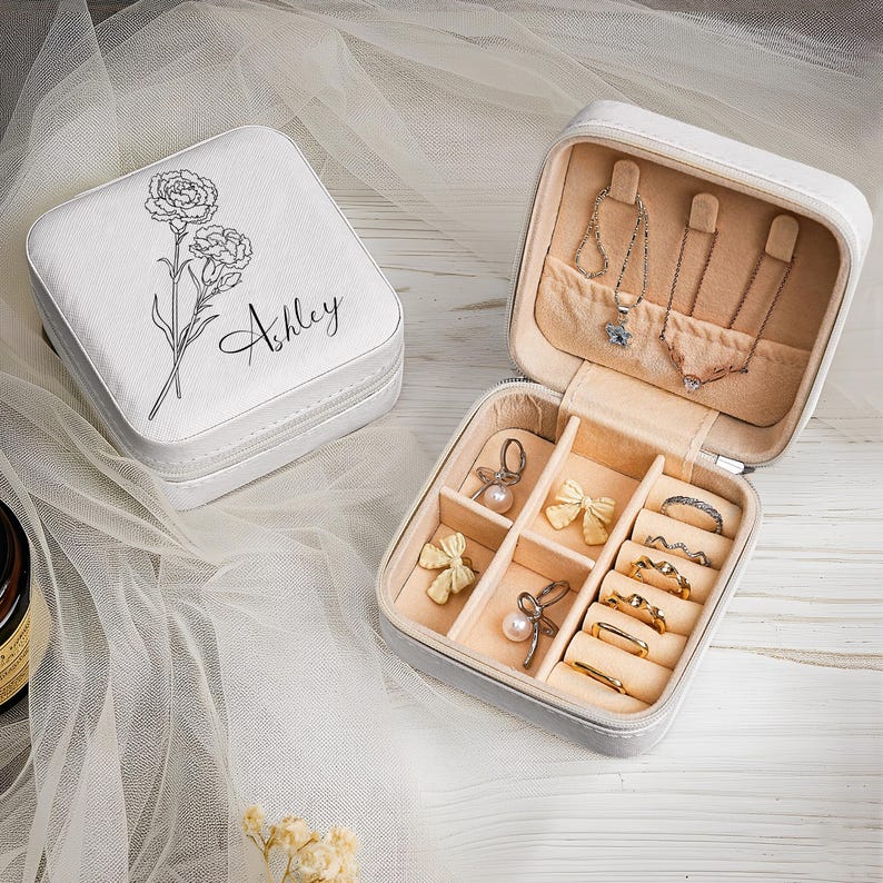 Personalized Birth Flower Jewelry Box With Name, Custom Square Travel ...