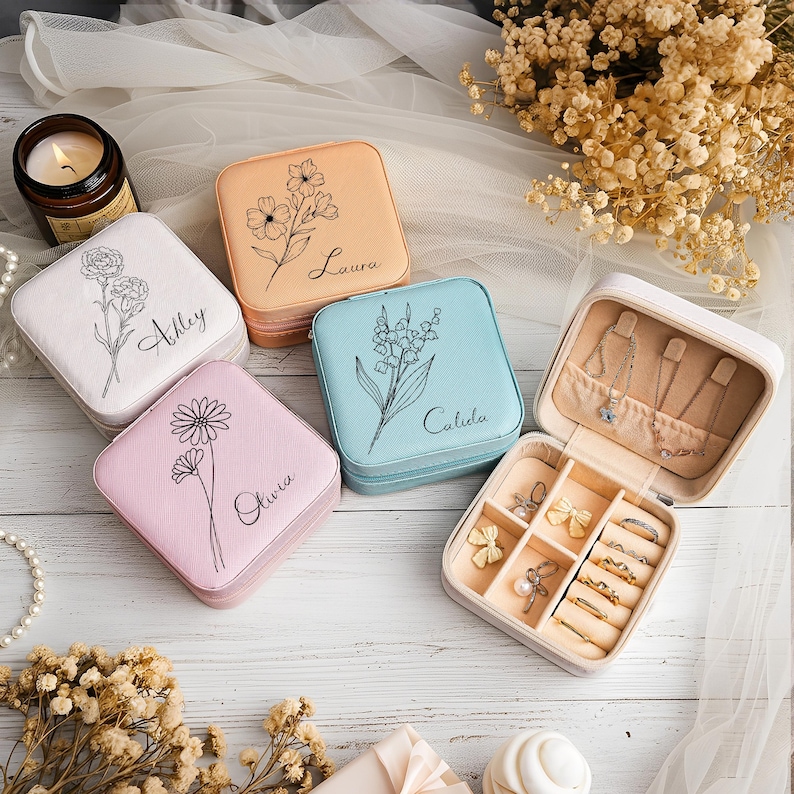Personalized Birth Flower Jewelry Box With Name, Custom Square Travel ...