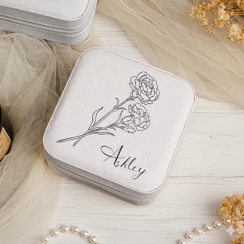 Personalized Birth Flower Jewelry Box With Name, Custom Square Travel ...