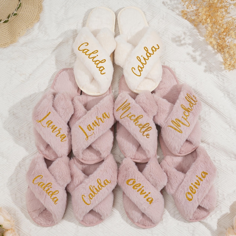 Personalized Bridesmaid Slippers With Custom Name – Plush Fuzzy Wedding ...