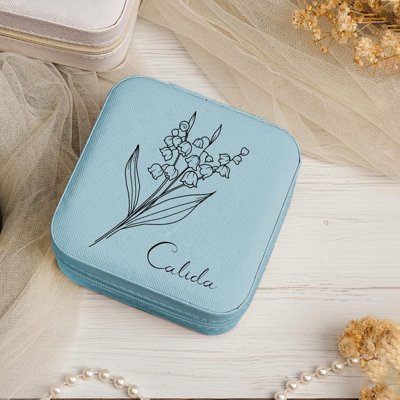 Personalized Birth Flower Jewelry Box With Name, Custom Square Travel ...