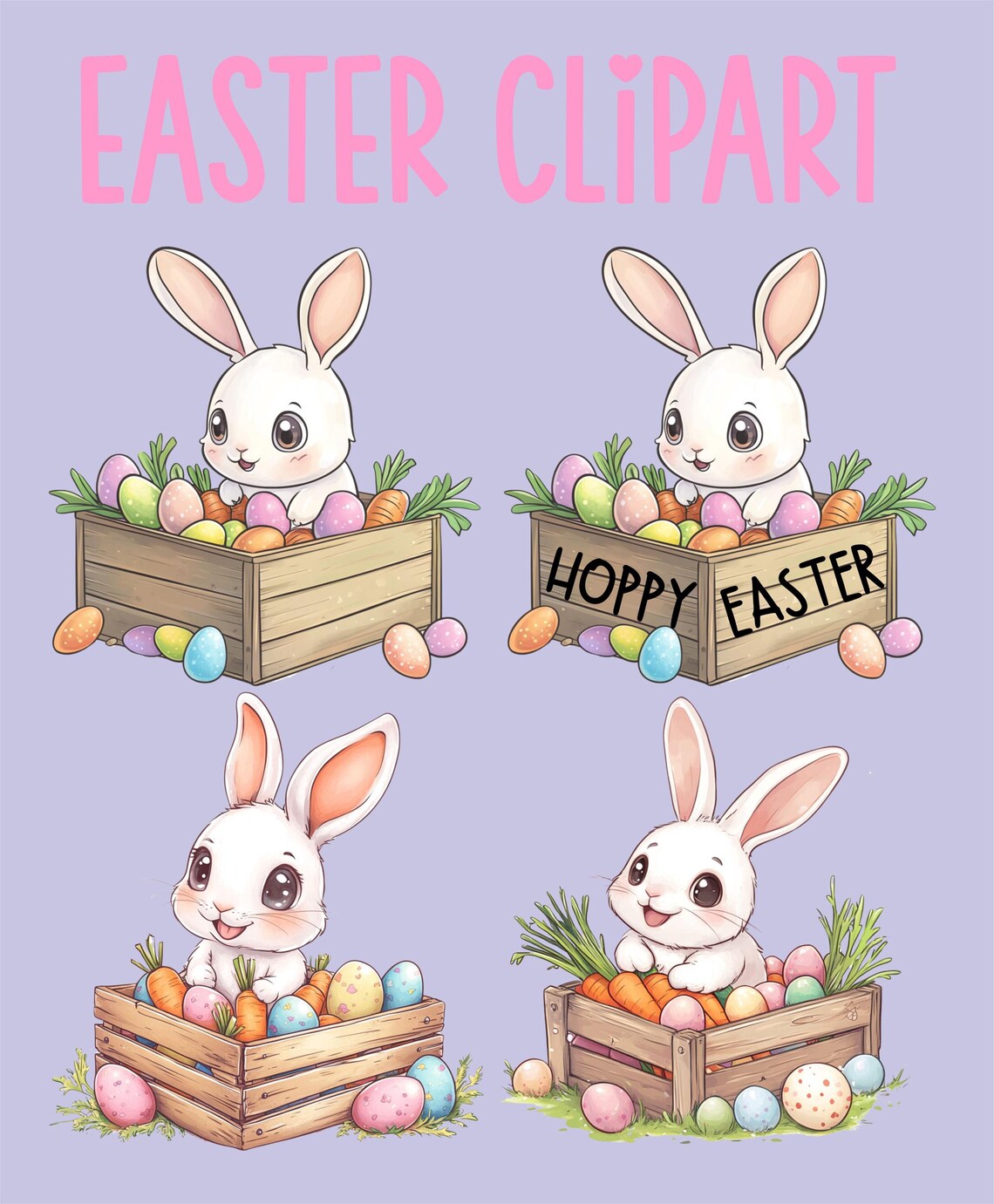 Easter Bunny Clipart Bundle, Kawaii Style Easter Bunny, Pastel Easter ...