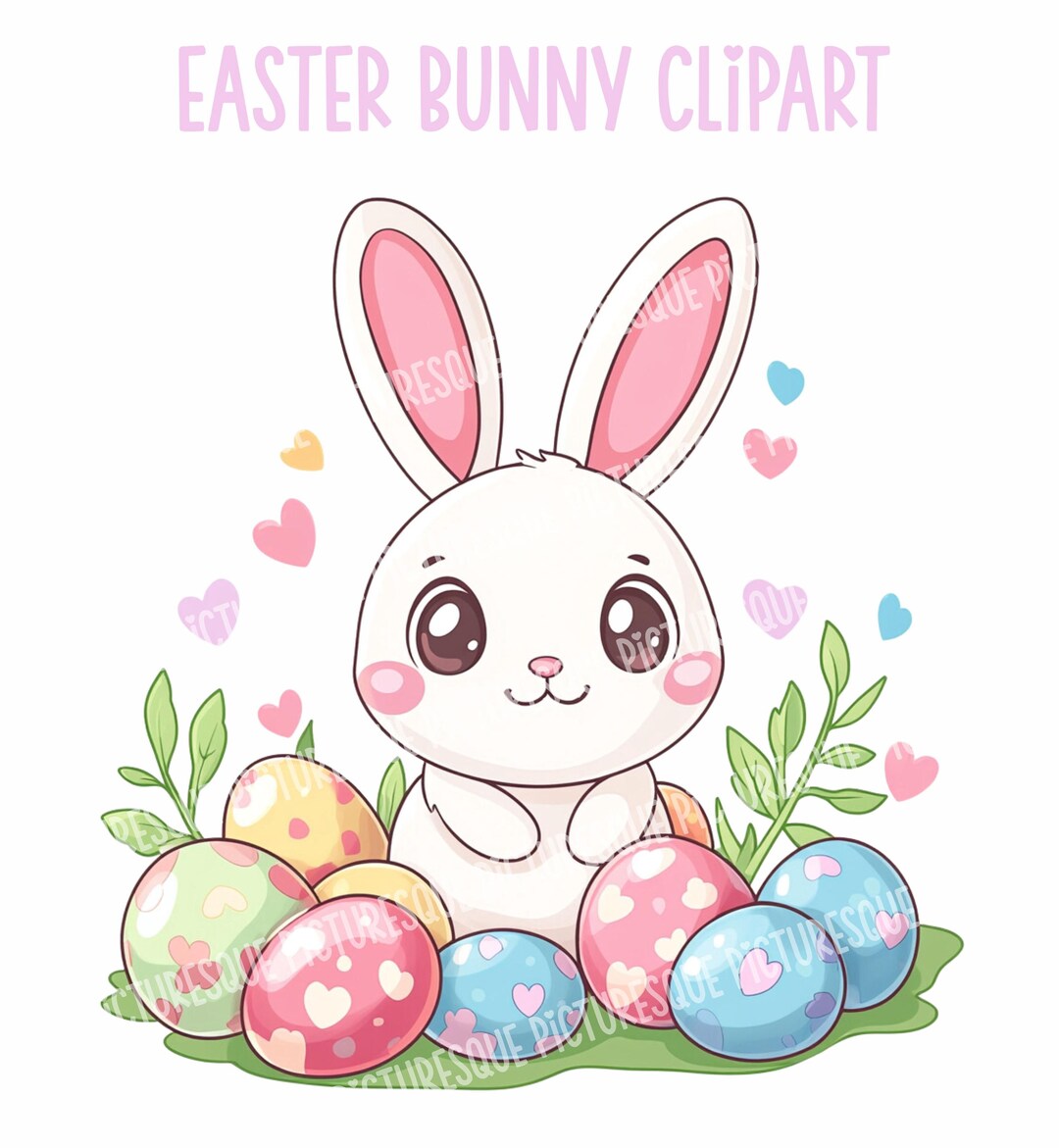 Happy Easter, Cute Easter Bunny Clipart, 300 DPI High Quality, Kawaii ...