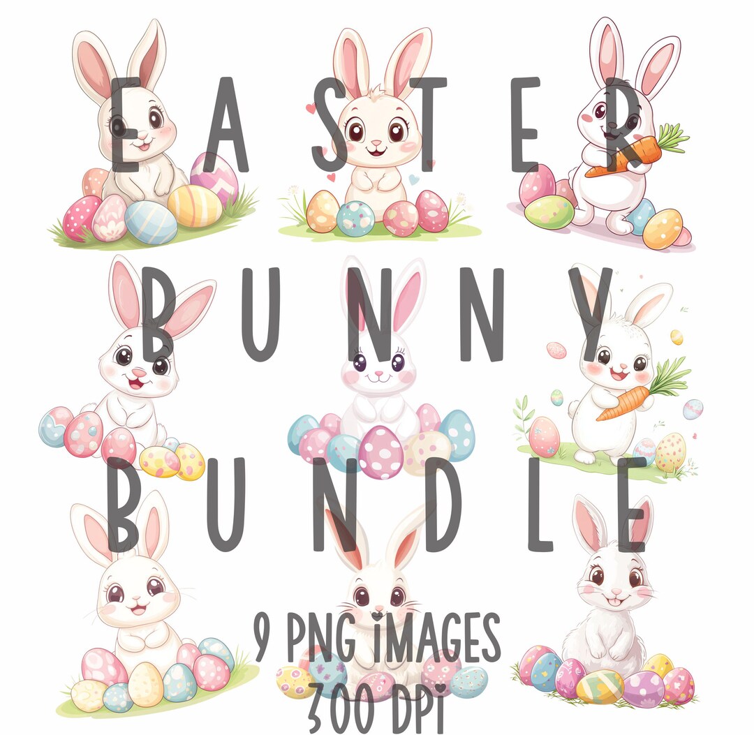 Cute Easter Bunny Easter Egg Clipart Bundle, Kawaii 300 DPI High ...