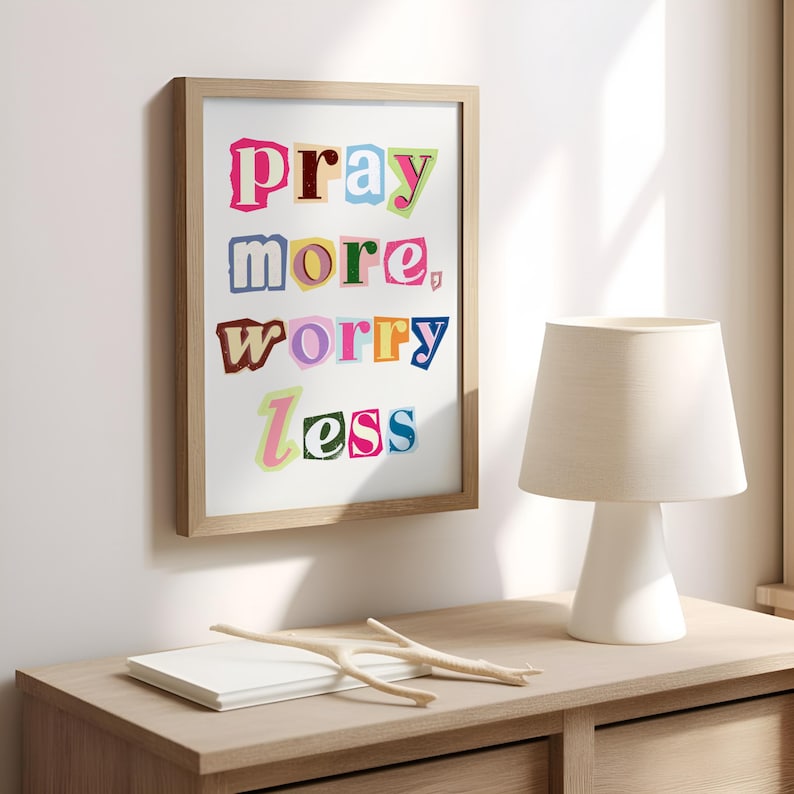 Pray More Worry Less Wall Art, Retro Christian Wall Art Print, Teen ...
