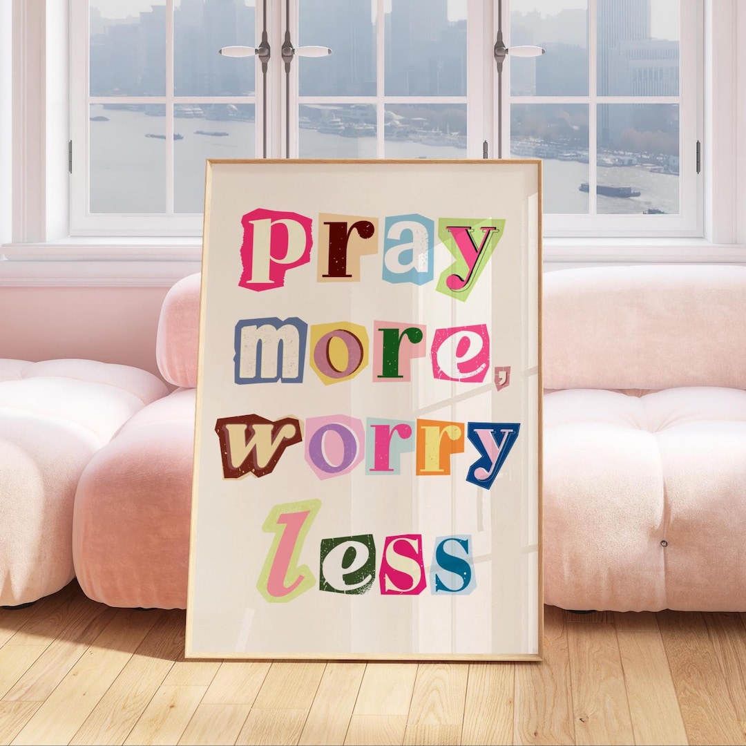 Pray More Worry Less Wall Art, Retro Christian Wall Art Print, Teen ...