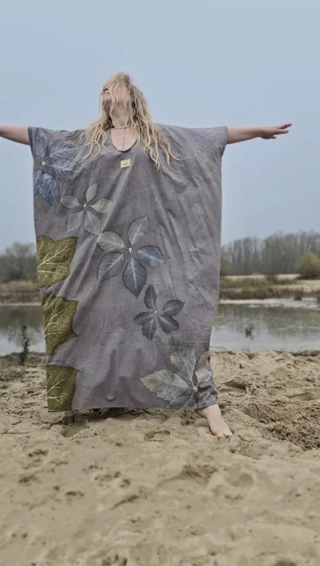 Hand-dyed Eco Print Cotton Maxi Dress • Misty Breeze Botanical Leaf ...