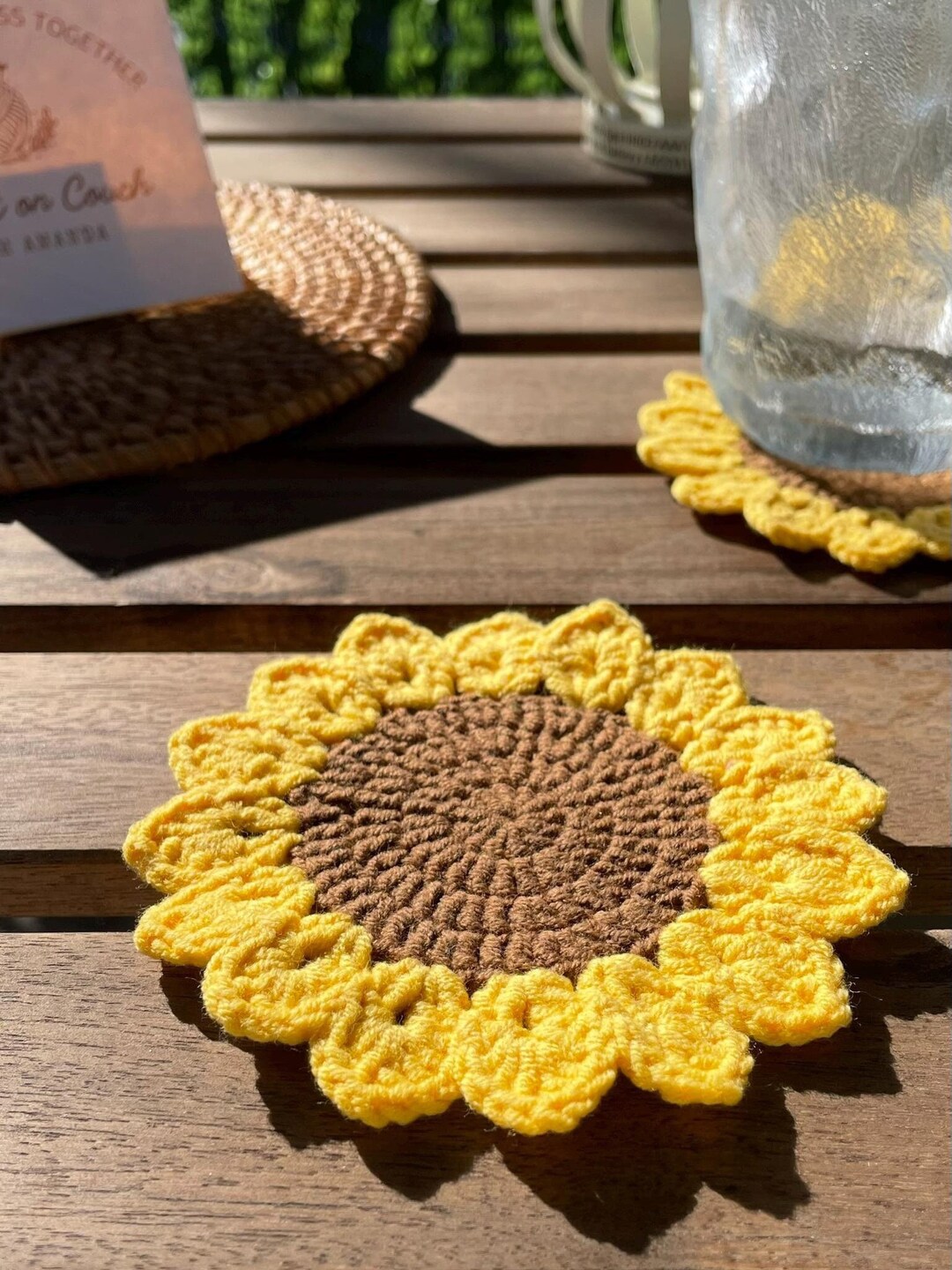 Crochet Sunflower Coaster, Knitted Drink Mat, Mug Coaster Sunflower ...