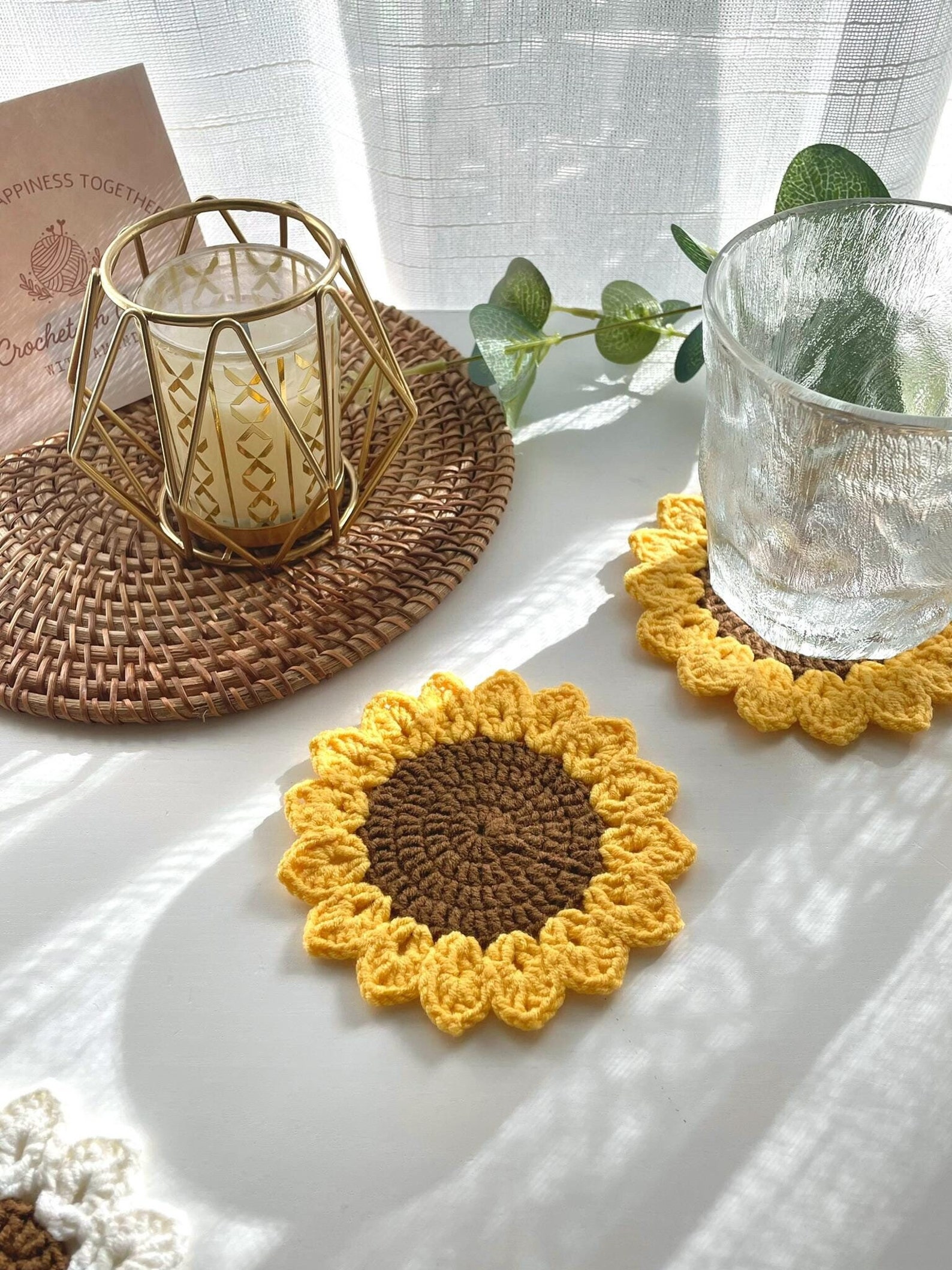 Crochet Sunflower Coaster, Knitted Drink Mat, Mug Coaster Sunflower ...