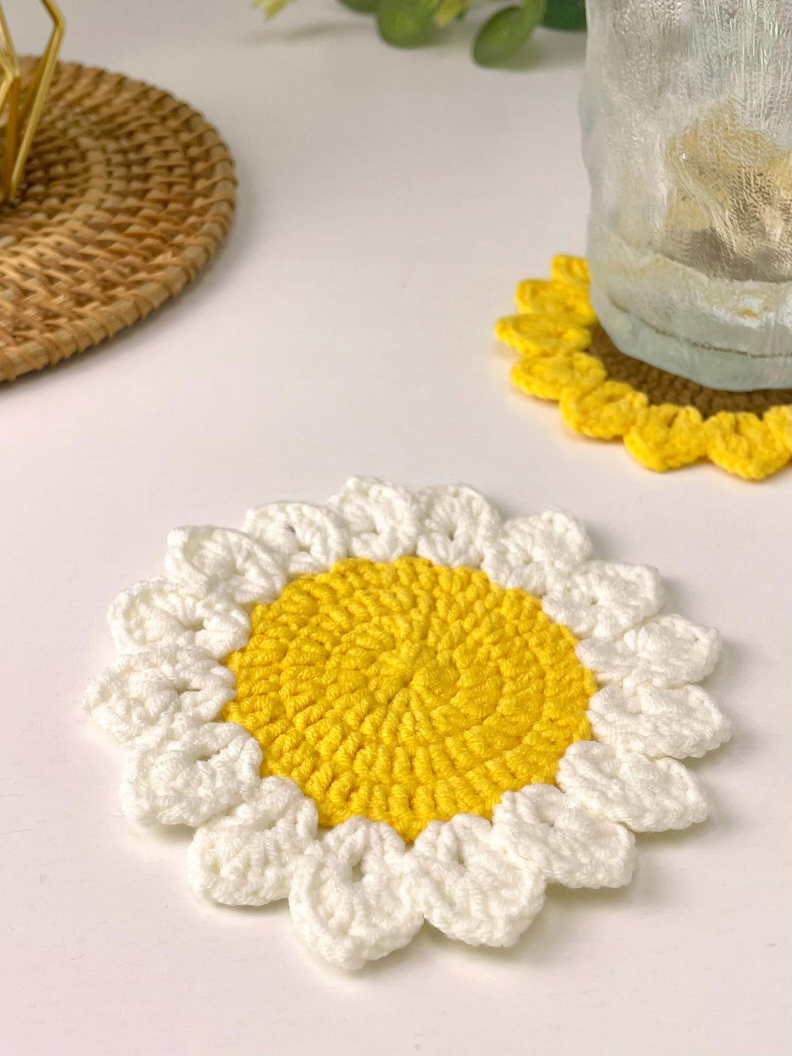 Crochet Sunflower Coaster, Knitted Drink Mat, Mug Coaster Sunflower ...