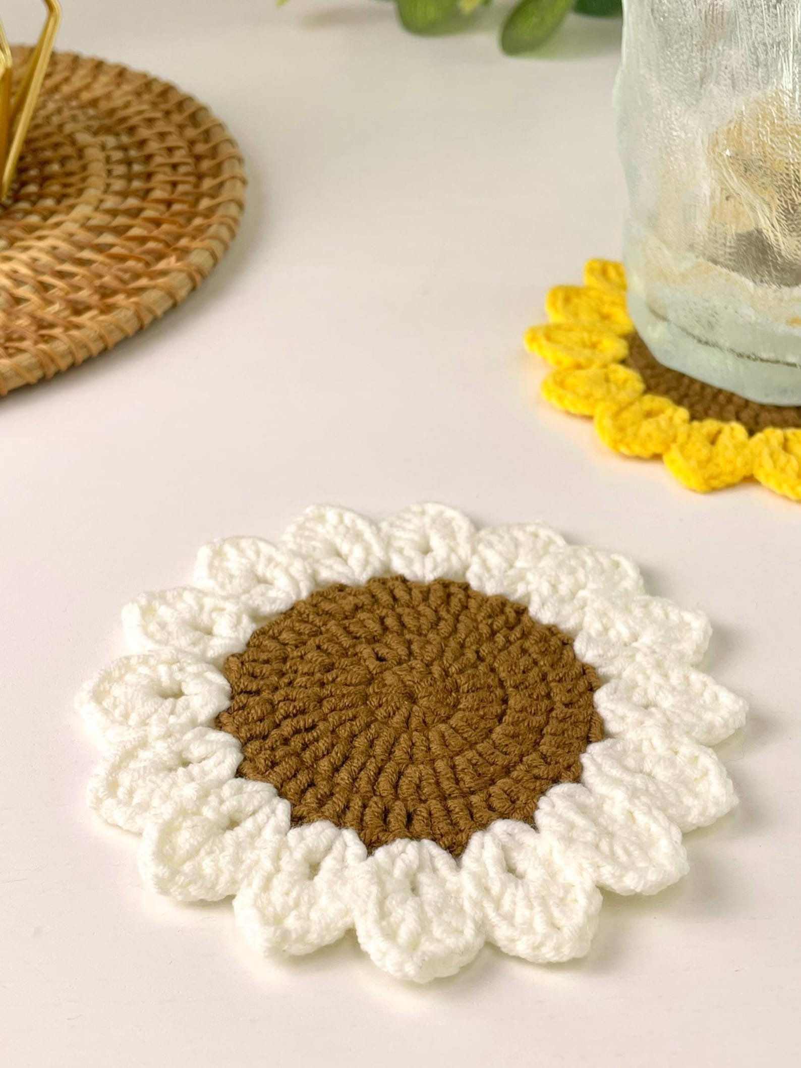 Crochet Sunflower Coaster, Knitted Drink Mat, Mug Coaster Sunflower ...