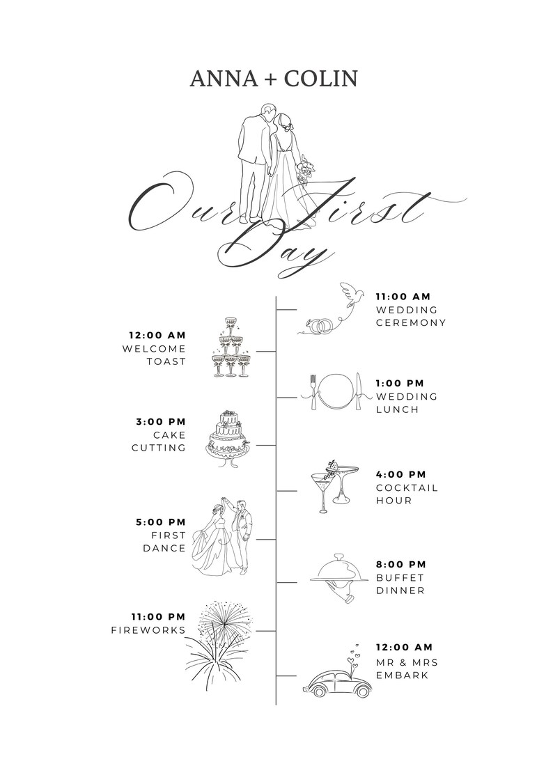 Wedding Timeline, Sign, Order of Event, Line Drawn, Black & White ...