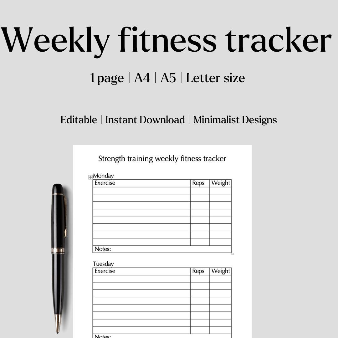 Weekly Fitness Tracker Printable Workout Planner Exercise Log Health ...