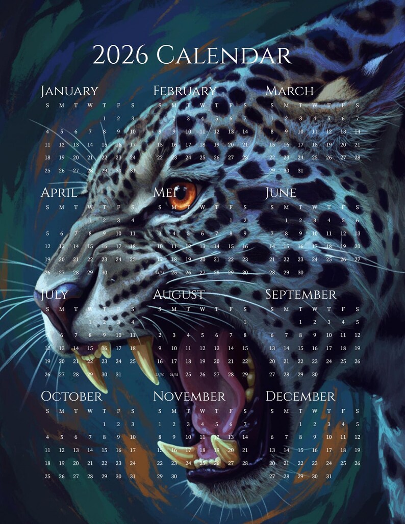 2026 Printable Calendar | Digital Download | Art Calendar With Jaguar ...