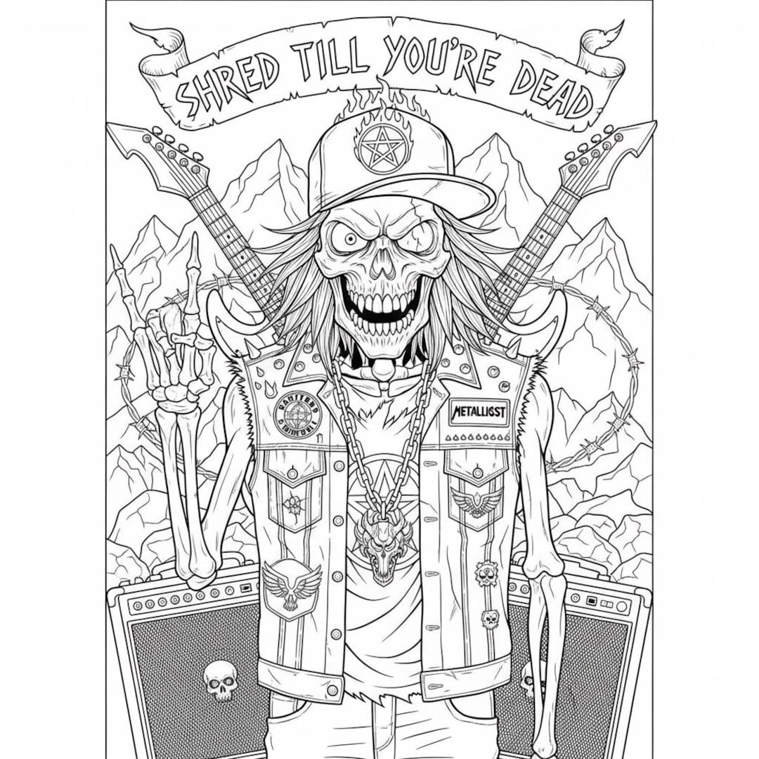 Heavy Metal Coloring Pages | Rock & Roll Skull Art | Set of 4 Digital ...