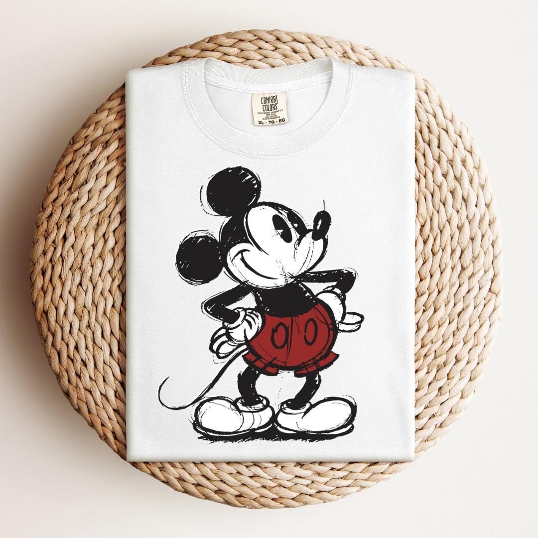 Vintage Mickey Mouse Sketch T-shirt Classic Disney Graphic Tee Retro ...