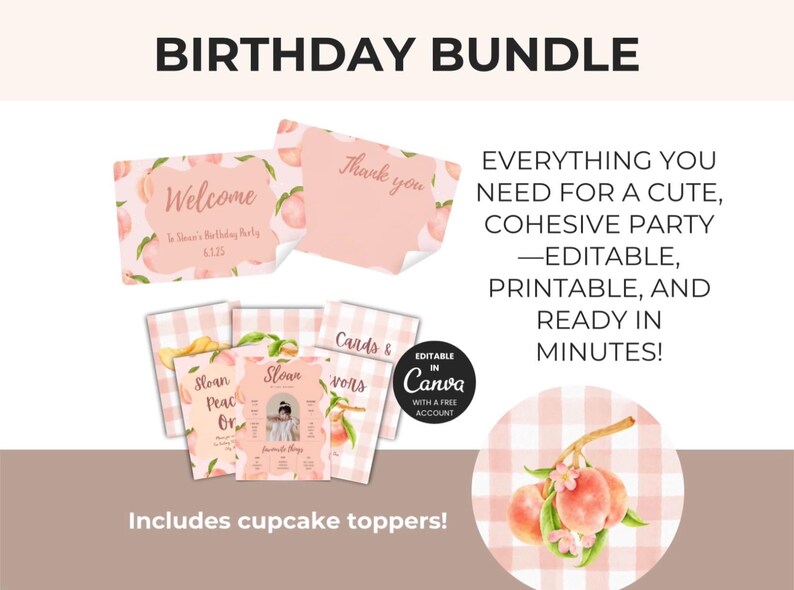 Peach Themed Birthday Bundle | Editable in Canva Templates | One Sweet ...