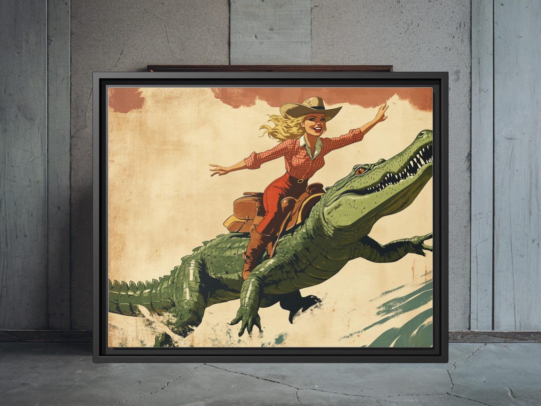 Vintage Cowgirl Riding Alligator Print, Retro Western Pin-up Art, Wild ...
