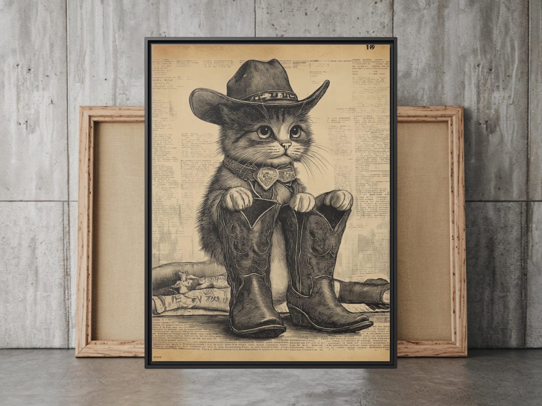 Cowboy Cat Art Print, Vintage Western Decor, Cute Kitten in Boots ...