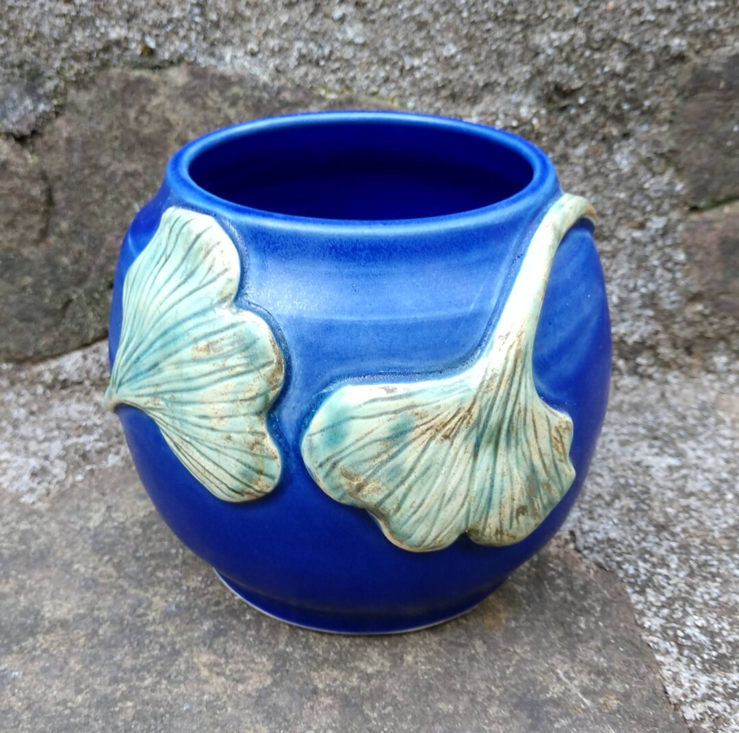 Gingko Leaf Vase, Ready to Ship, Indigo Pottery Vase, Stoneware Crock ...