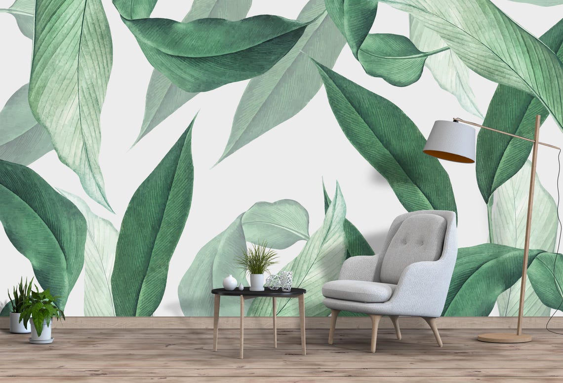 Green Leaf Peel and Stick Wallpaper: Tropical Botanical Wall Mural - Etsy