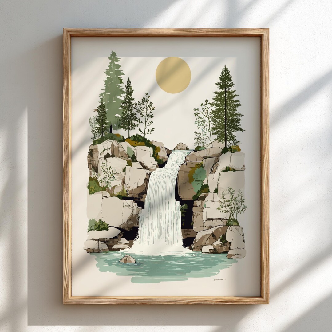 Golden Cascade - Pastel Waterfall Poster - Serene Nature Wall Decor ...