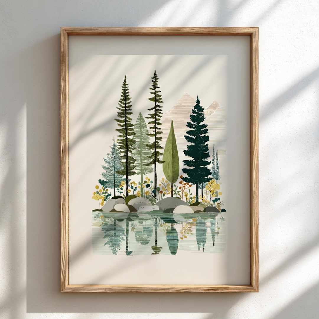 Pastel Forest Print: Serene Evergreen Nature Wall Decor - Etsy