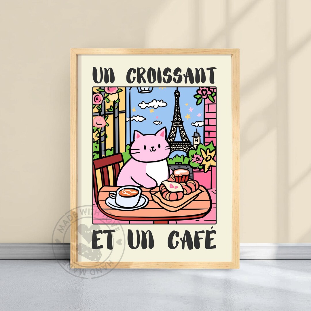 Un Croissant Et Un Café – Funny Pink Cat Poster, Parisian Kitchen Art ...