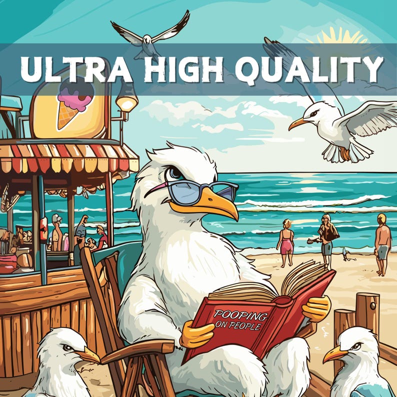 Funny Seagull Poster – Quirky Beach Art, Coastal Humor Print, Seagull Wall Decor, Funny Bathroom ...