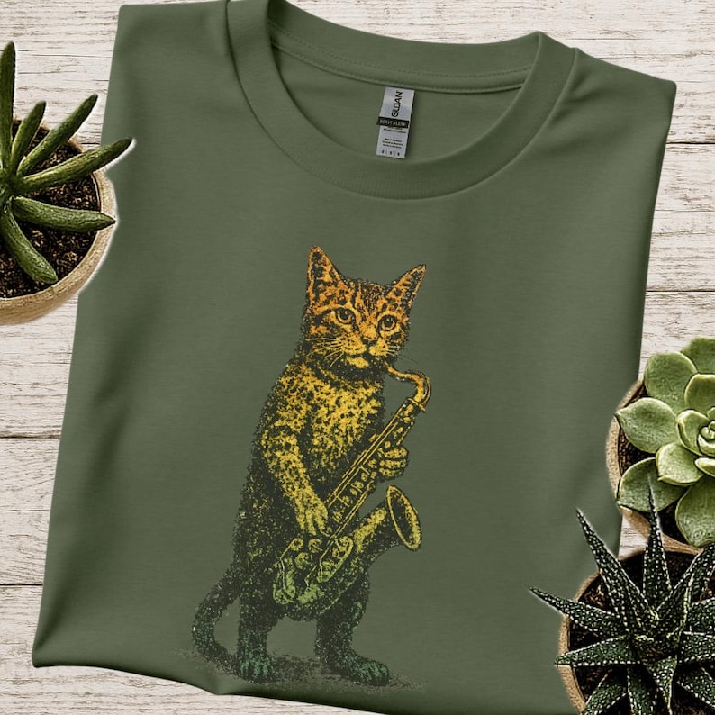 Retro Cat Playing Saxophone Unisex Heavyweight Cotton Tee - Fun Graphic T-shirt Gift - Etsy ...