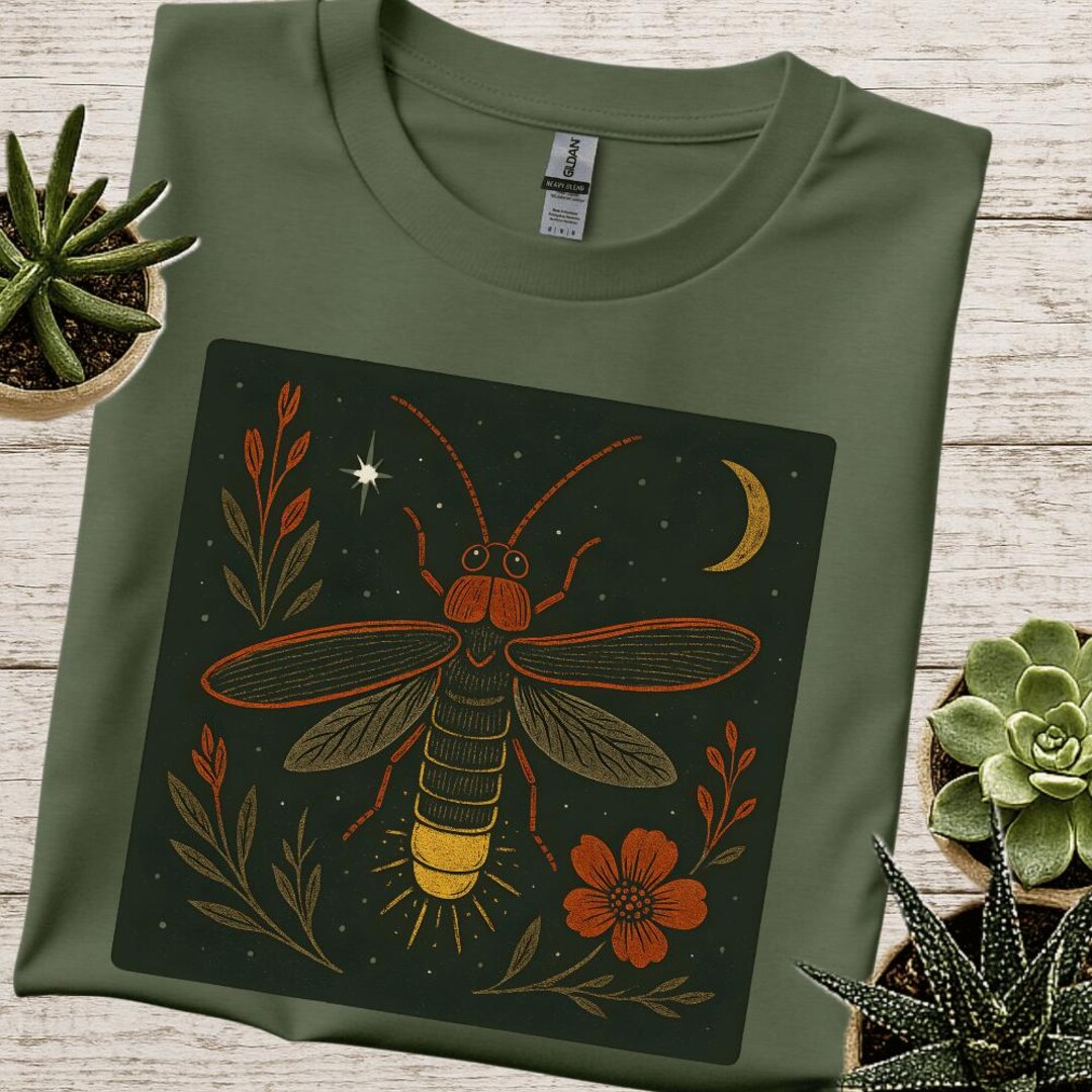 Firefly Lightning Bug Linocut Unisex Cotton Retro Tee, Old School ...