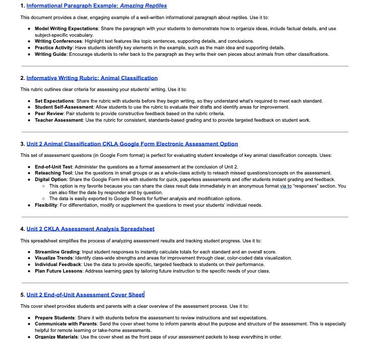 3rd Grade CKLA Animal Classification: Writing Rubric & Assessment ...