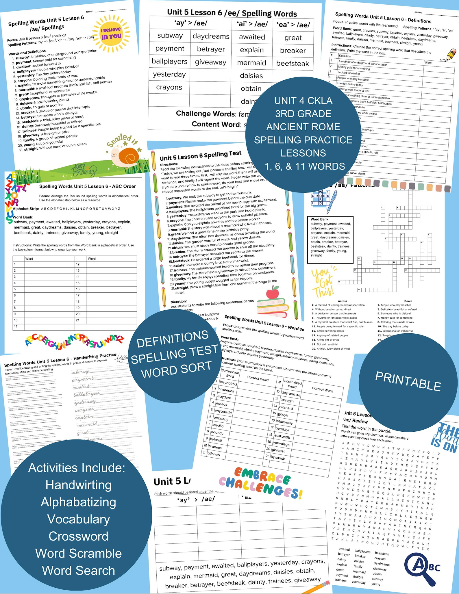 Unit 4 CKLA Grade 3 Spelling Activities | Lessons 1, 6, 11 Lists ...
