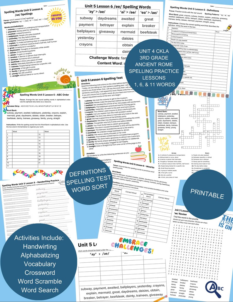 Unit 4 CKLA Grade 3 Spelling Activities | Lessons 1, 6, 11 Lists ...