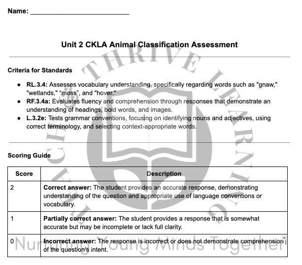 3rd Grade CKLA Animal Classification: Writing Rubric & Assessment ...
