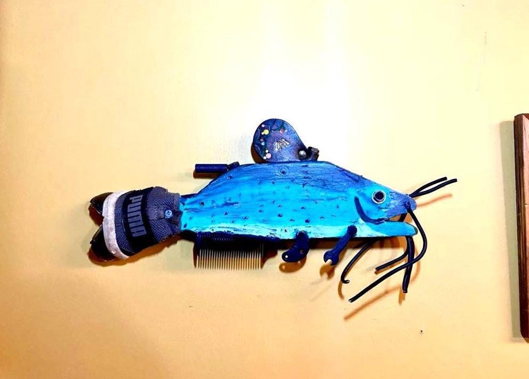 Blue Catfish Mixed Media Wall Art | Upcycled Catfish Wall Hanging ...