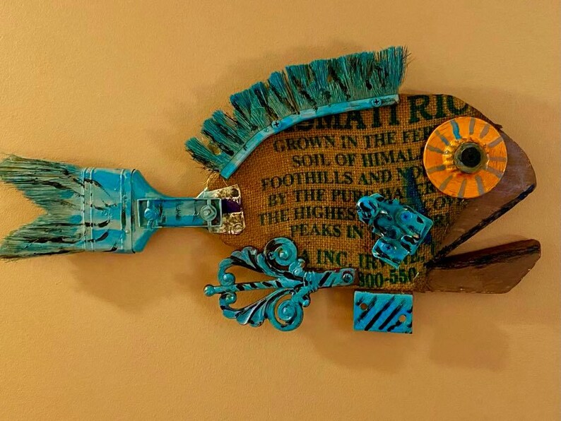 Eclectic Mixed Media Art Fish Wall Hanging | One of a Kind Upcycled ...