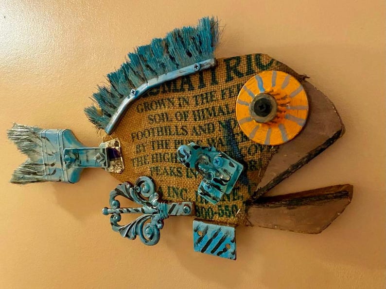 Eclectic Mixed Media Art Fish Wall Hanging | One of a Kind Upcycled ...