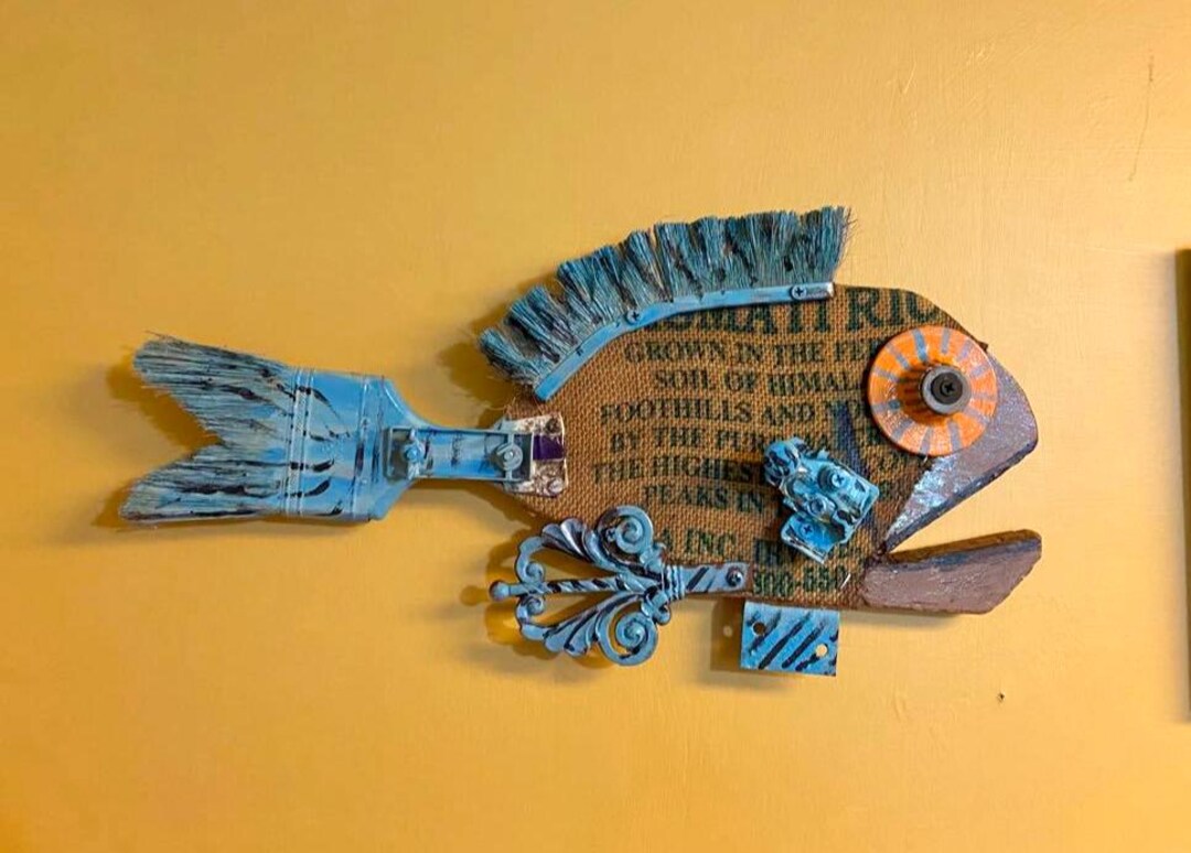 Eclectic Mixed Media Art Fish Wall Hanging | One of a Kind Upcycled ...