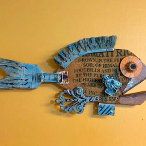 Eclectic Mixed Media Art Fish Wall Hanging | One of a Kind Upcycled ...