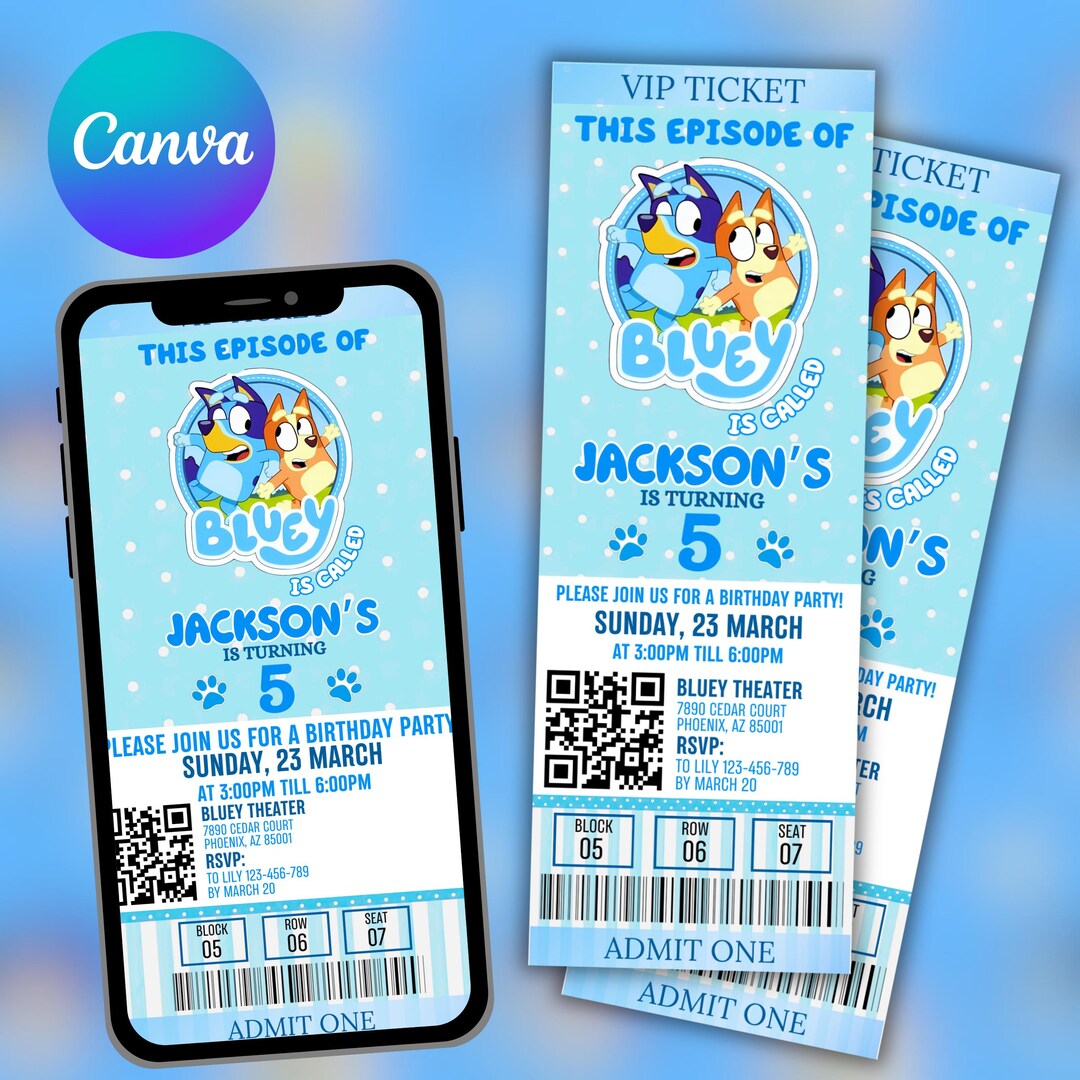 Bluey Birthday Ticket Invitation Template | Blue Dog Editable Birthday ...