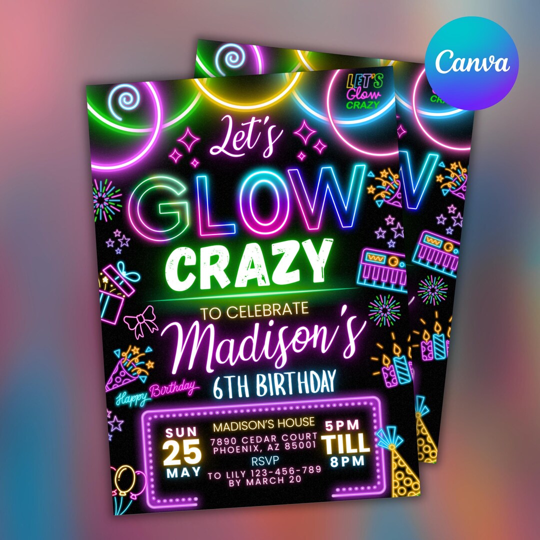 Glow Crazy Birthday Invitation, Neon Glow Invitation, Glow Party ...