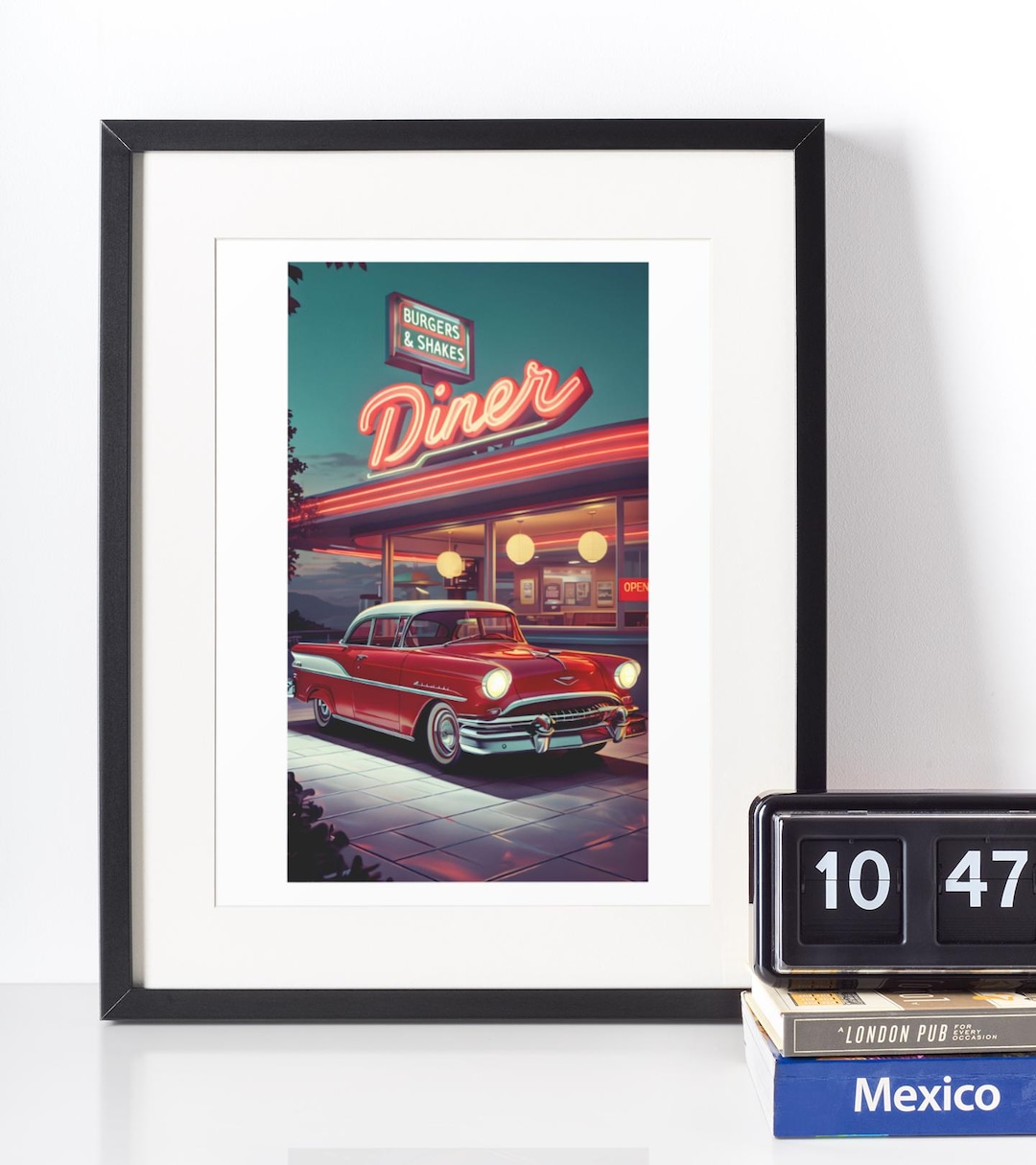 Retro Diner Poster With Red Classic Car | Vintage Americana Wall Art ...