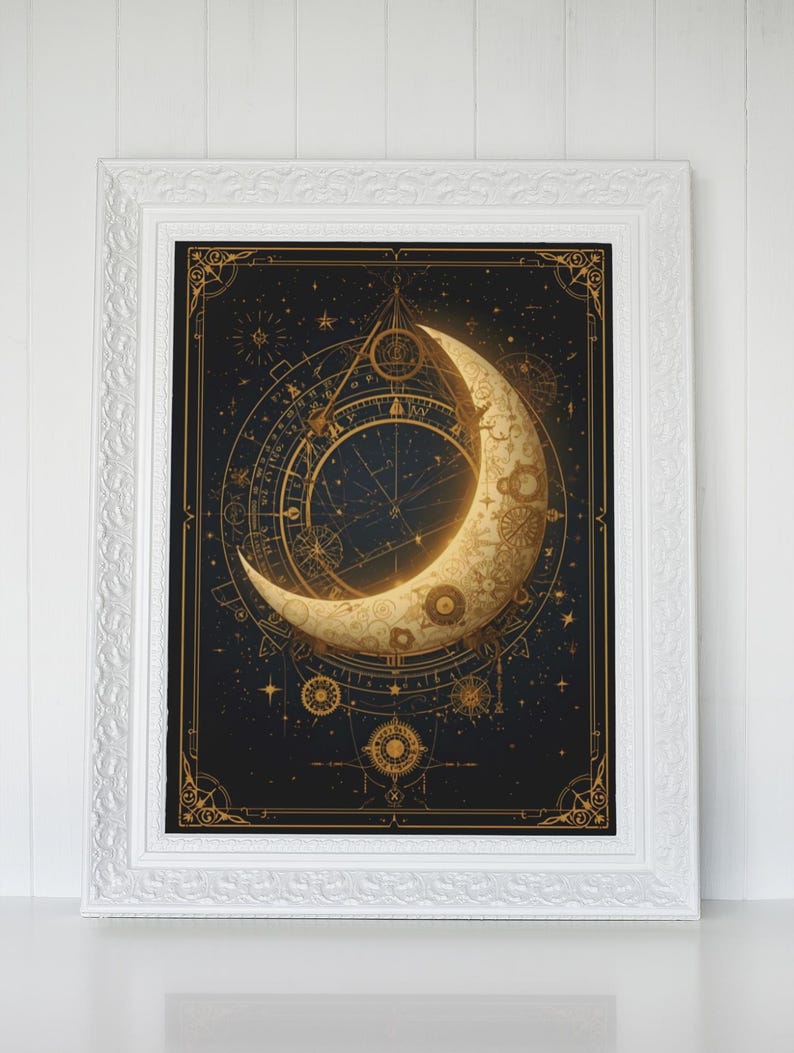 Steampunk Crescent Moon Wall Art – A4 Digital Download, Clockwork ...
