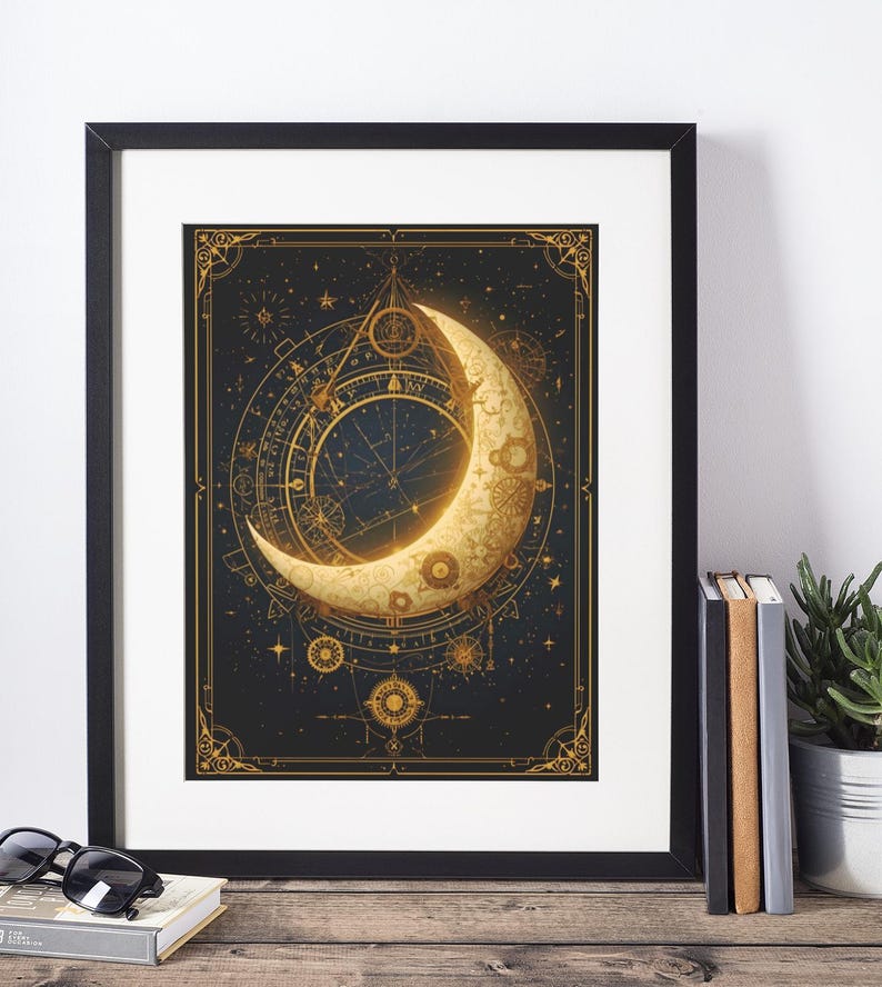 Steampunk Crescent Moon Wall Art – A4 Digital Download, Clockwork ...