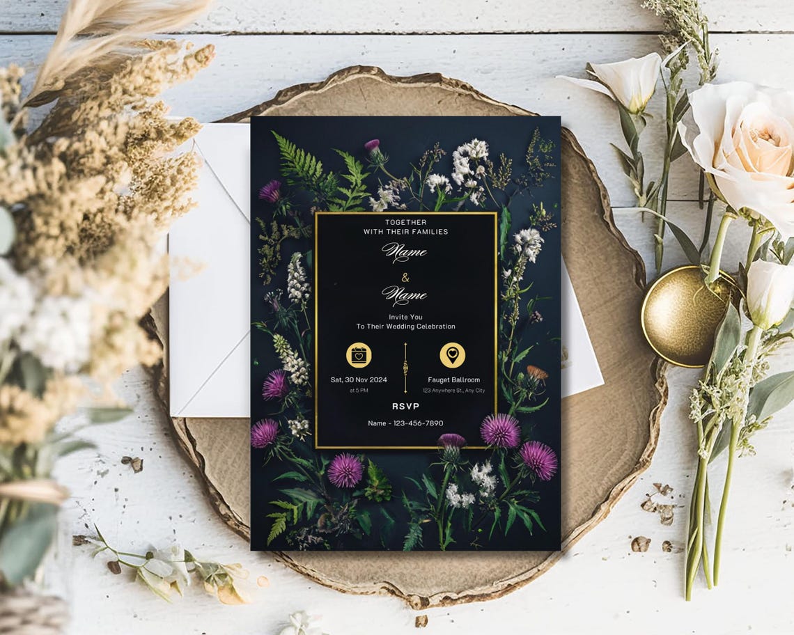 Scottish Wedding Invitation | Dark Aesthetic Gothic Design With Thistle ...