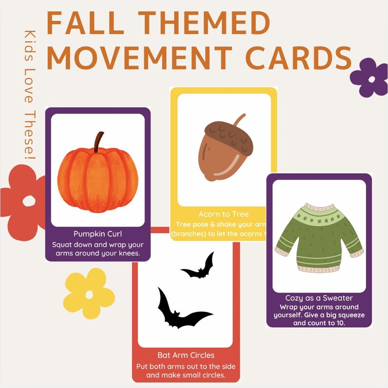 Fall Movement Cards for Elementary School Kids, Toddlers, Preschool ...
