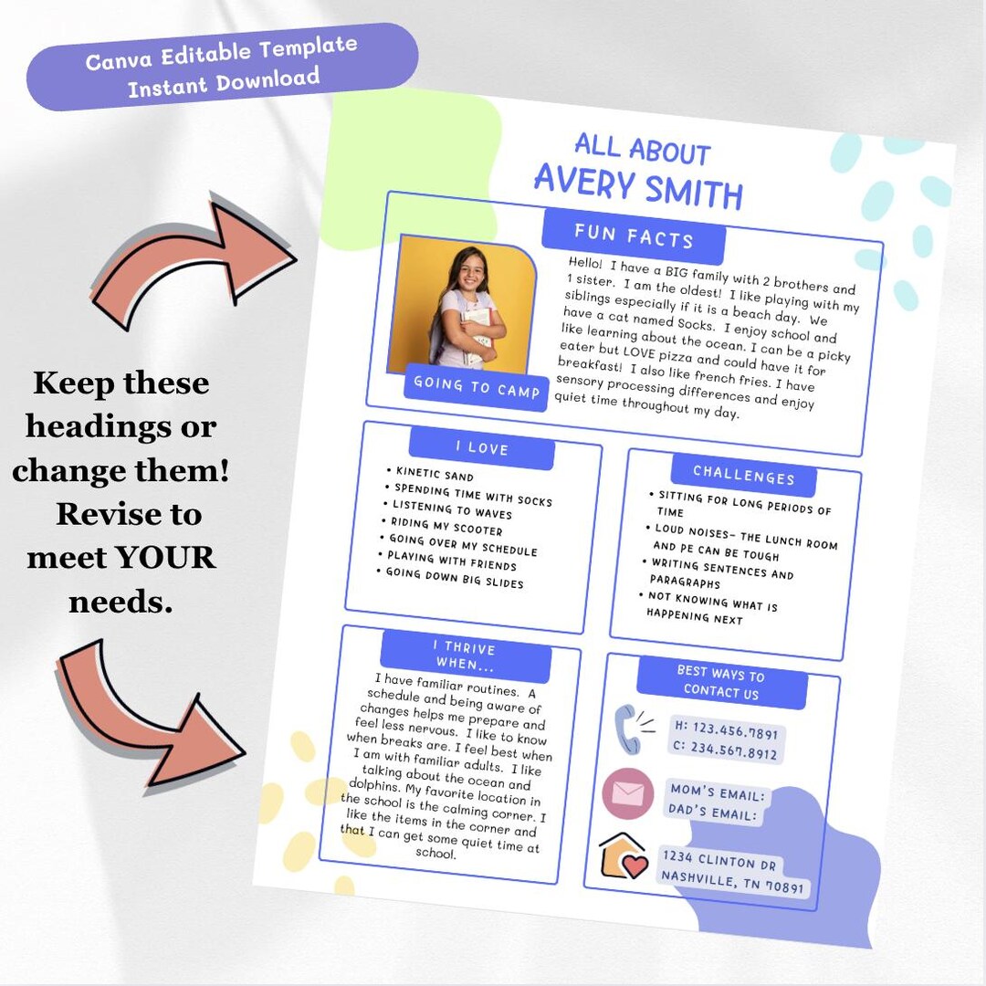 All About Me Template: Back to School Special Needs Info (canva ...