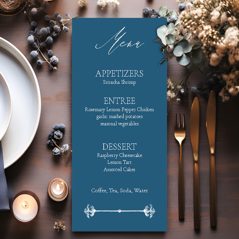 Elegant Blue Wedding Menu, Custom Printed Menu Cards - Etsy