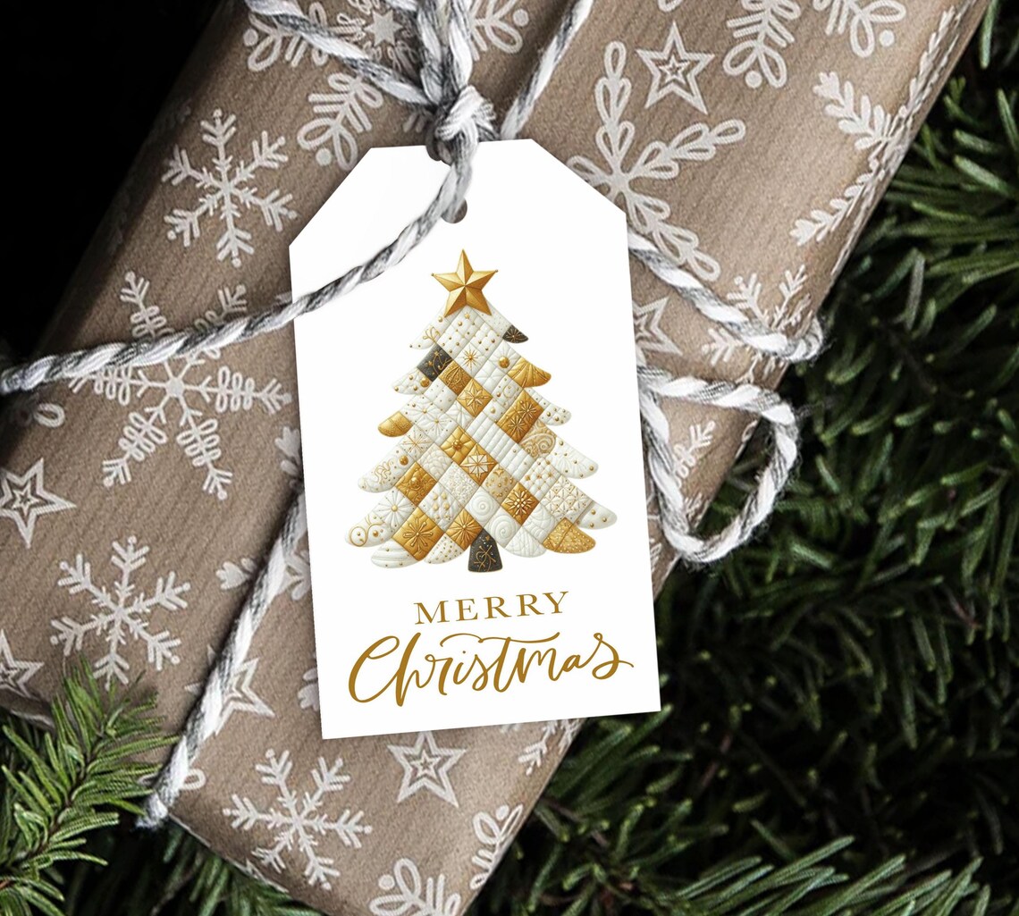 Gold Christmas Tree Gift Tags PRINTED, Quilted Christmas Tree Gift Tag ...